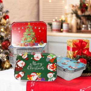 40Pcs Christmas Aluminum Pans With Lids,Disposable Food Containers Cookie Tins for Gift Giving in 8 Holiday Designs, Takeout Foil Pans with Covers for Holiday Leftovers Cookie Exchange Baking 5x7x2in