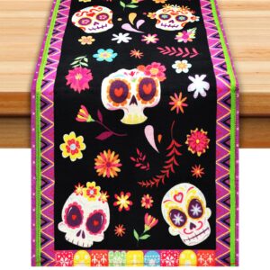 day of the dead table runner 72 x 13 inch decorations, dia de los muertos sugar skull mexican fiesta carnival table cover decor, rustic linen altar themed party supplies for home kitchen dining mantel