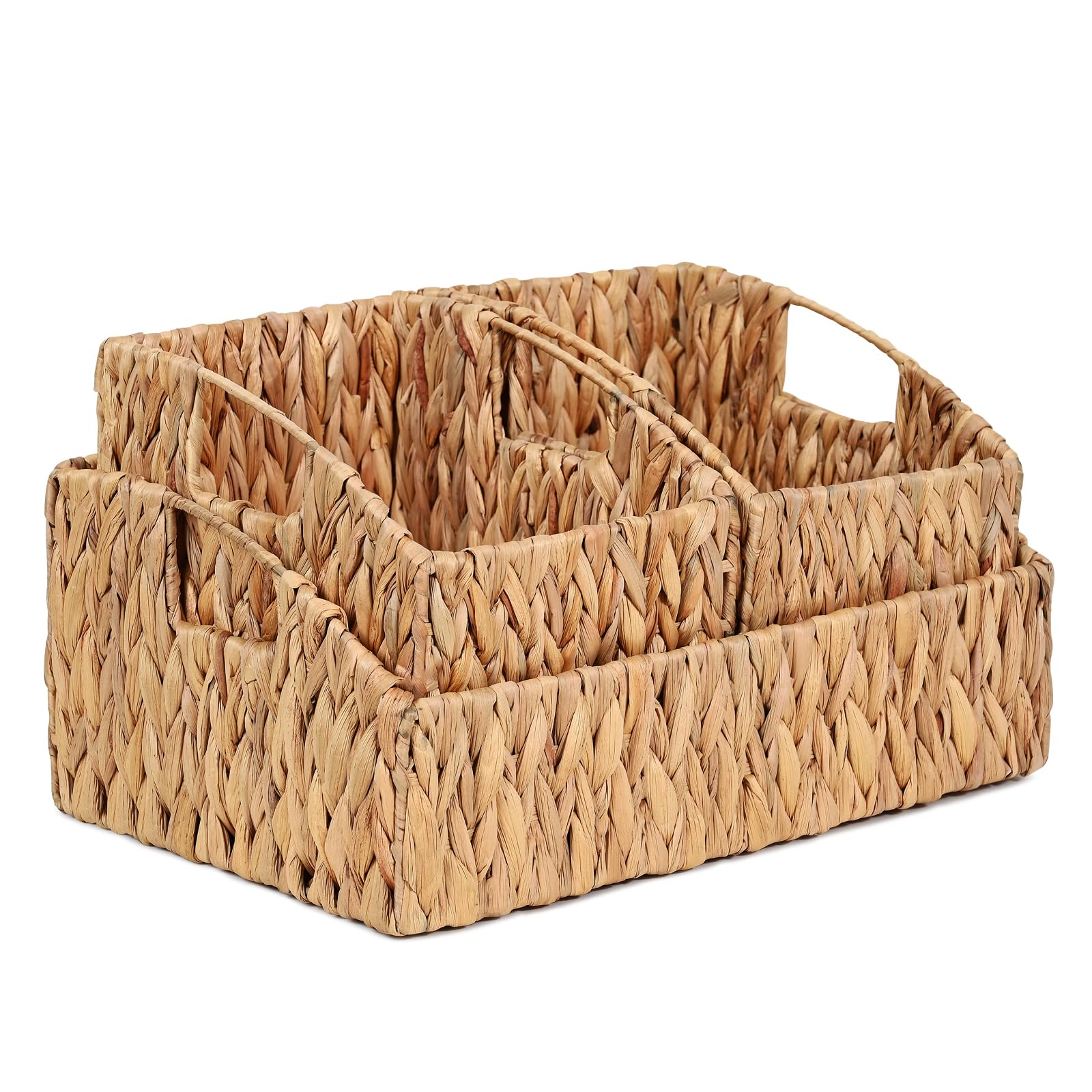 Ollieroo Natural Water Hyacinth Storage Baskets, Handwoven Wicker Storage Bins with Built-in Handles, Storage Container Baskets for Shelves, Bedroom, Bathroom, Laundry Room or Kitchen(Set of 3)