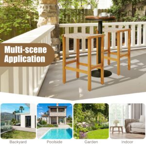 COSTWAY Outdoor Bar Stools Set of 2, 30-inch Height Backless Bar Chairs with Acacia Wood Frame, PE Wicker Saddle Seat, Footrest, Patio 2-Pack Bar High Stools for Garden Porch Poolside Backyard