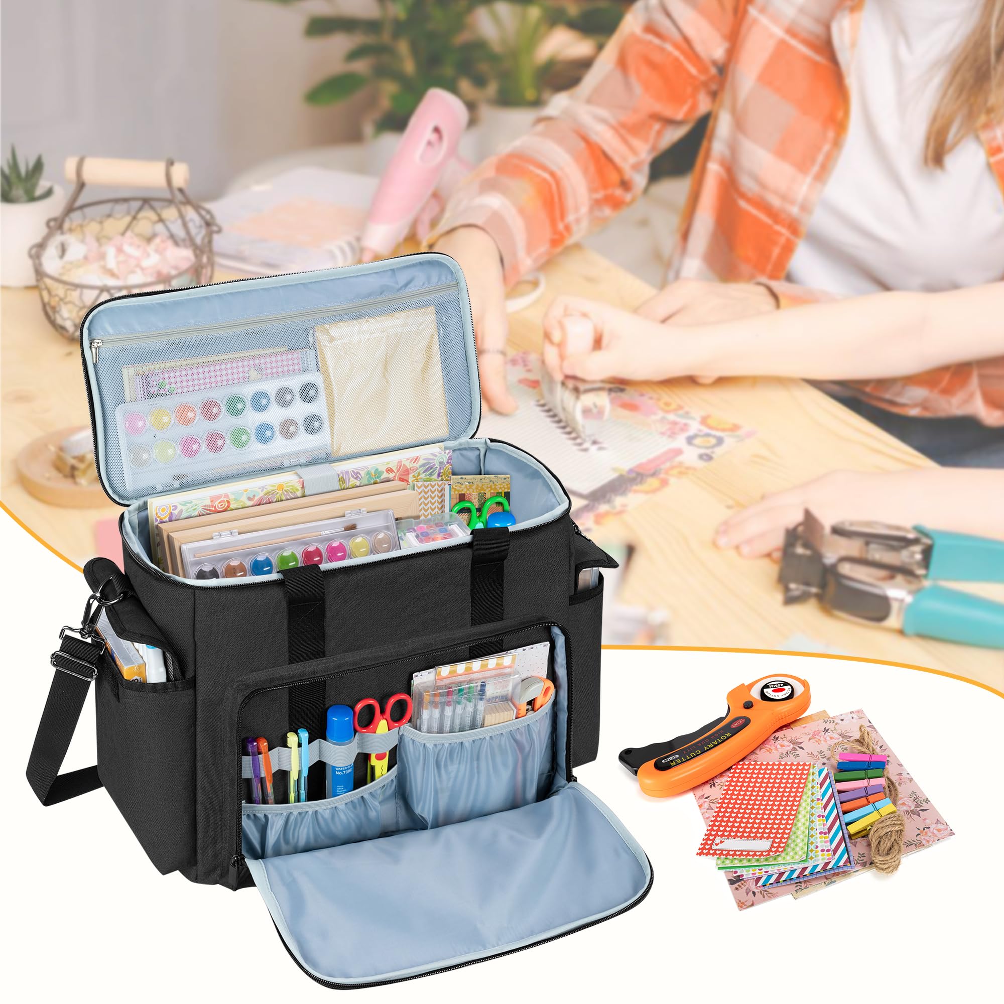 Trunab Large Scrapbook Bag with Padded Laptop Sleeve, Craft Bag Organizer Tote with Multiple Pockets for Scrapbooking Supplies and Art Tools, Black