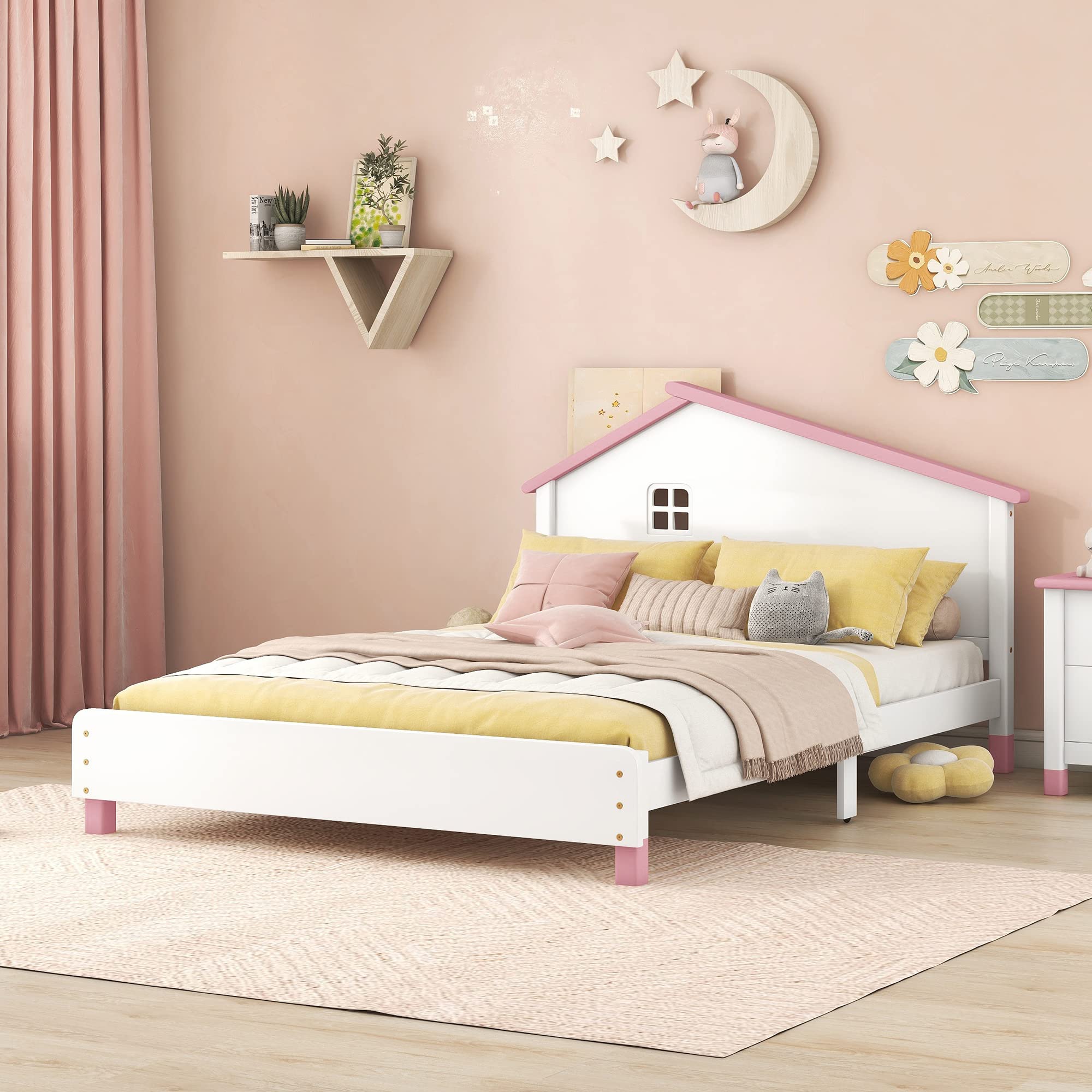 MERITLINE Full Bed Frame with House-Shaped Headboard, Wooden Full Size Platform Bed Frame with Shelf, Cute Full Bed for Kids Teens Girls Boys, No Box Spring Needed, White+Pink