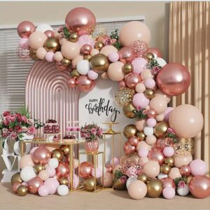 rose gold balloon garland kit, nude pastel pink metallic gold matte white balloons gold and rose gold confetti balloons for wedding bridal shower princess party girl birthday baby shower decorations