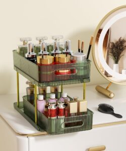 colorsmoon 2-tier makeup and skincare organizers for vanity, large perfume organizer, pull-out bathroom organizers and storage with 4 removable dividers for bath, bedroom, cabinet, gem green