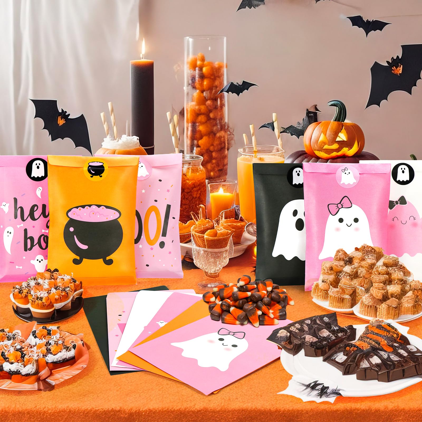 FHzytg 48Pcs Halloween Boo Party Favor Bags, Pink Halloween Ghost Candy Bags Halloween Party Gift Bags for Girl Halloween Spooky Birthday Decorations Boo Baby Shower Happy Boo Day Decorations