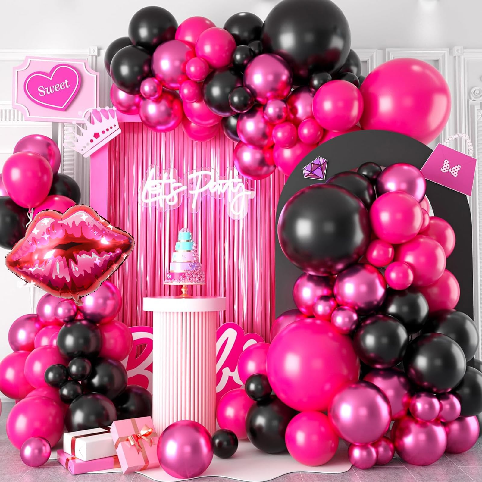 Pink Balloon Garland Arch Kit,Hot Pink Black Rose Red Balloon Garland Red Lips Foil Balloon for Theme Party Girl Birthday Baby Shower Themed decorations