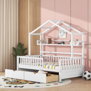 merax wood twin house bed frame with drawers/book shelf,low sofa daybed for boys girls,no box spring needed white