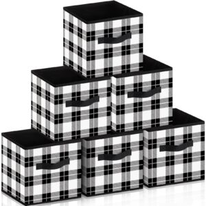 suzile 6 pcs buffalo plaid storage bins christmas 10'' buffalo plaid foldable fabric storage cube with handles christmas basket storage box organizers for toys shelf closet home gift (black and white)