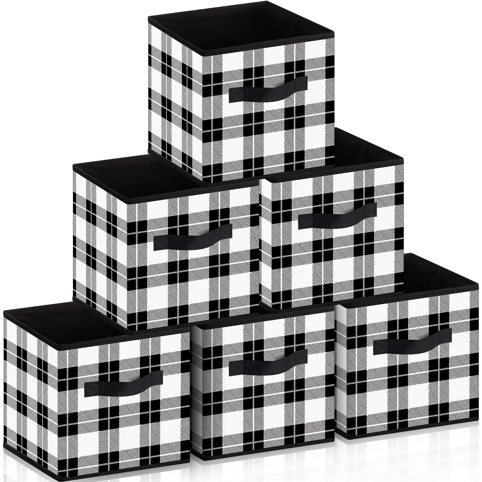 Suzile 6 Pcs Buffalo Plaid Storage Bins Christmas 10'' Buffalo Plaid Foldable Fabric Storage Cube with Handles Christmas Basket Storage Box Organizers for Toys Shelf Closet Home Gift (Black and White)