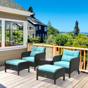 Outsunny 5 Pieces Rattan Wicker Lounge Chair Outdoor Patio Conversation Set with 2 Cushioned Chairs, 2 Ottomans and Tempered Glass Top Coffee Table, Blue