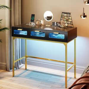 fredees vanity desk with 3 color led lights, makeup vanity with with human body induction, vanity table set with 3 large drawers,black