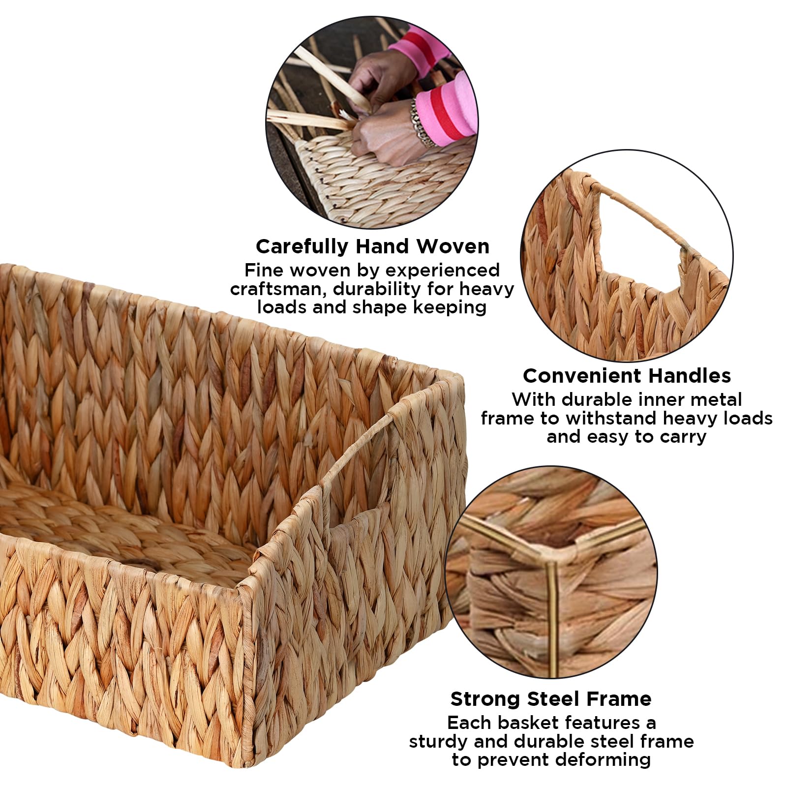 Ollieroo Natural Water Hyacinth Storage Baskets, Handwoven Wicker Storage Bins with Built-in Handles, Storage Container Baskets for Shelves, Bedroom, Bathroom, Laundry Room or Kitchen(Set of 3)