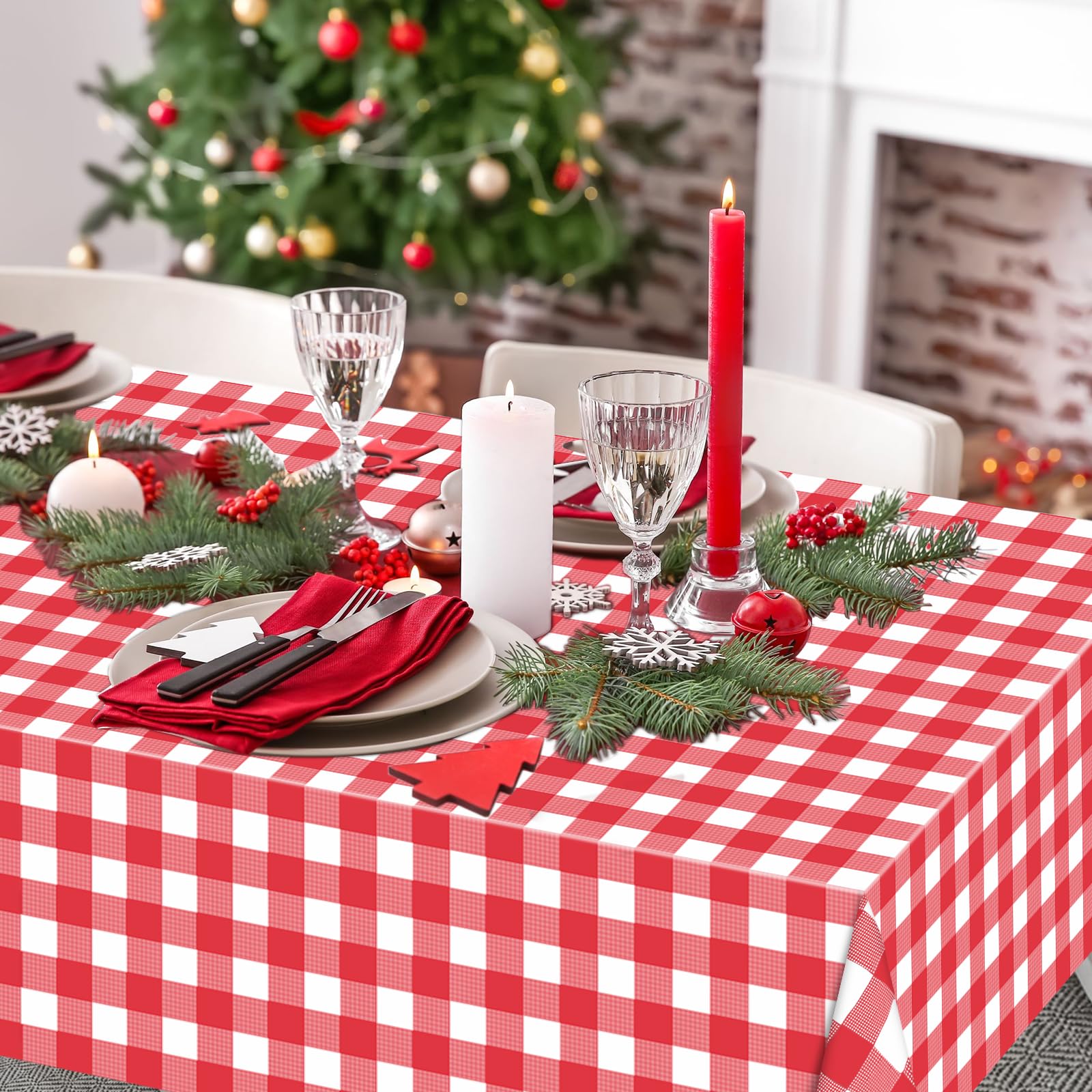 WNINK 2 Pack Red Gingham Tablecloth Rectangular Red and White Checkered Tablecloths Disposable Plastic Red Plaid Table Cover for Parties, Christmas, Outdoor Picnic, Birthday, Wedding, Camping 54 × 108