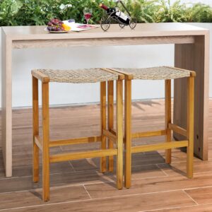 COSTWAY Outdoor Bar Stools Set of 2, 30-inch Height Backless Bar Chairs with Acacia Wood Frame, PE Wicker Saddle Seat, Footrest, Patio 2-Pack Bar High Stools for Garden Porch Poolside Backyard