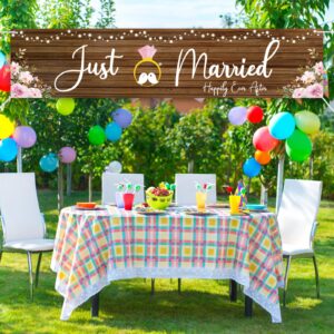 ShuanQ Just Married Yard Banner - Large Wedding/Engagement Party Decoration Banner - Bridal Shower Party Yard Decor - Happily ever After Sign Wedding Party Decor - 5.9 x 1.3 ft