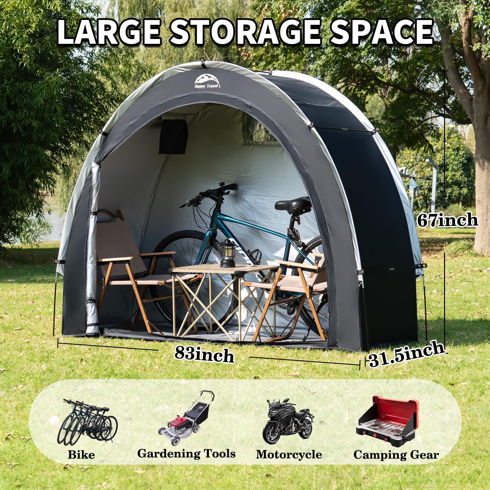 Happy Travel Bike Storage Shed Tent,Outdoor Portable Bicycle Storage Sheds with 210D Oxford Fabric PU4000 Waterproof for 2/3/4/6/8 Bikes,Bike Covers Shelter for Motorcycle,Garden Tools,Toys,Lawn Mower