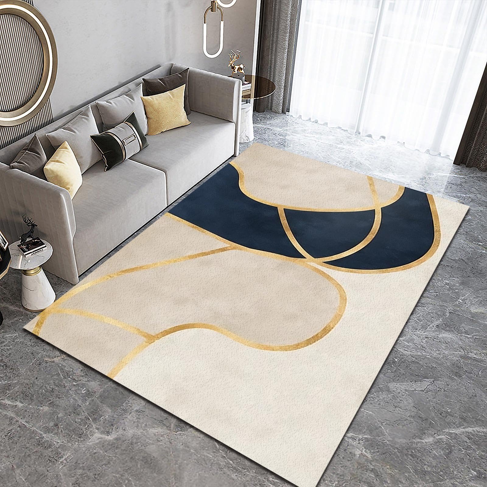 Light Luxury Advanced Art Living Room Area Rugs, Modern Navy Blue Cream Geometric Gold Lines Non-Slip Rug, Non-Slip Sofa Low Pile Washable Indoor Large Carpet for Bedroom Entryway Hallway-5x8ft