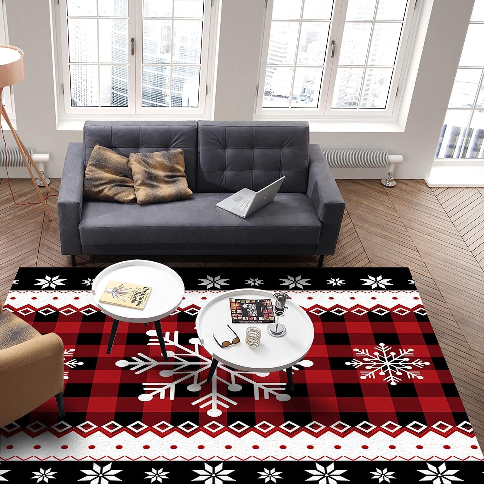 Christmas Theme with White Snowflakes Art Home Decor Rug, Red and Black Plaid Machine Washable Area Rugs, with Anti-Slip Backing Indoor Carpet for Living Room Bedroom Study Dining Room-3' x 4'