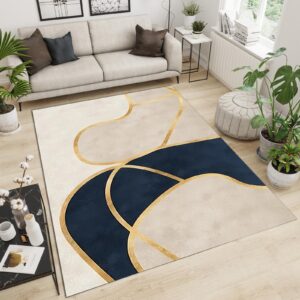 light luxury advanced art living room area rugs, modern navy blue cream geometric gold lines non-slip rug, non-slip sofa low pile washable indoor large carpet for bedroom entryway hallway-5x8ft