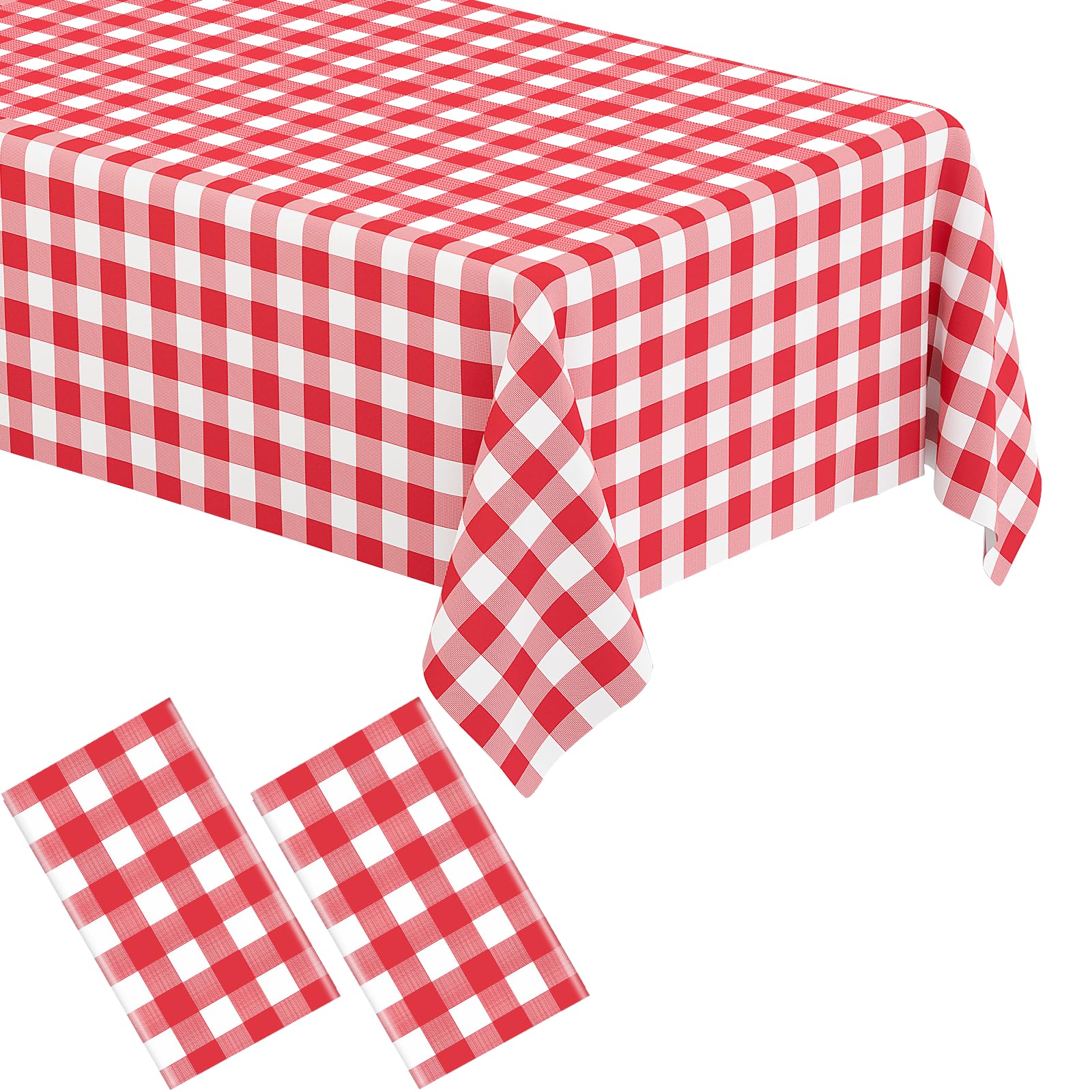 WNINK 2 Pack Red Gingham Tablecloth Rectangular Red and White Checkered Tablecloths Disposable Plastic Red Plaid Table Cover for Parties, Christmas, Outdoor Picnic, Birthday, Wedding, Camping 54 × 108