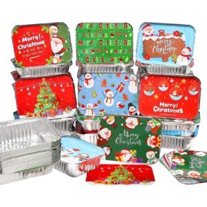 40pcs christmas aluminum pans with lids,disposable food containers cookie tins for gift giving in 8 holiday designs, takeout foil pans with covers for holiday leftovers cookie exchange baking 5x7x2in