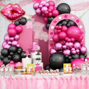 Pink Balloon Garland Arch Kit,Hot Pink Black Rose Red Balloon Garland Red Lips Foil Balloon for Theme Party Girl Birthday Baby Shower Themed decorations