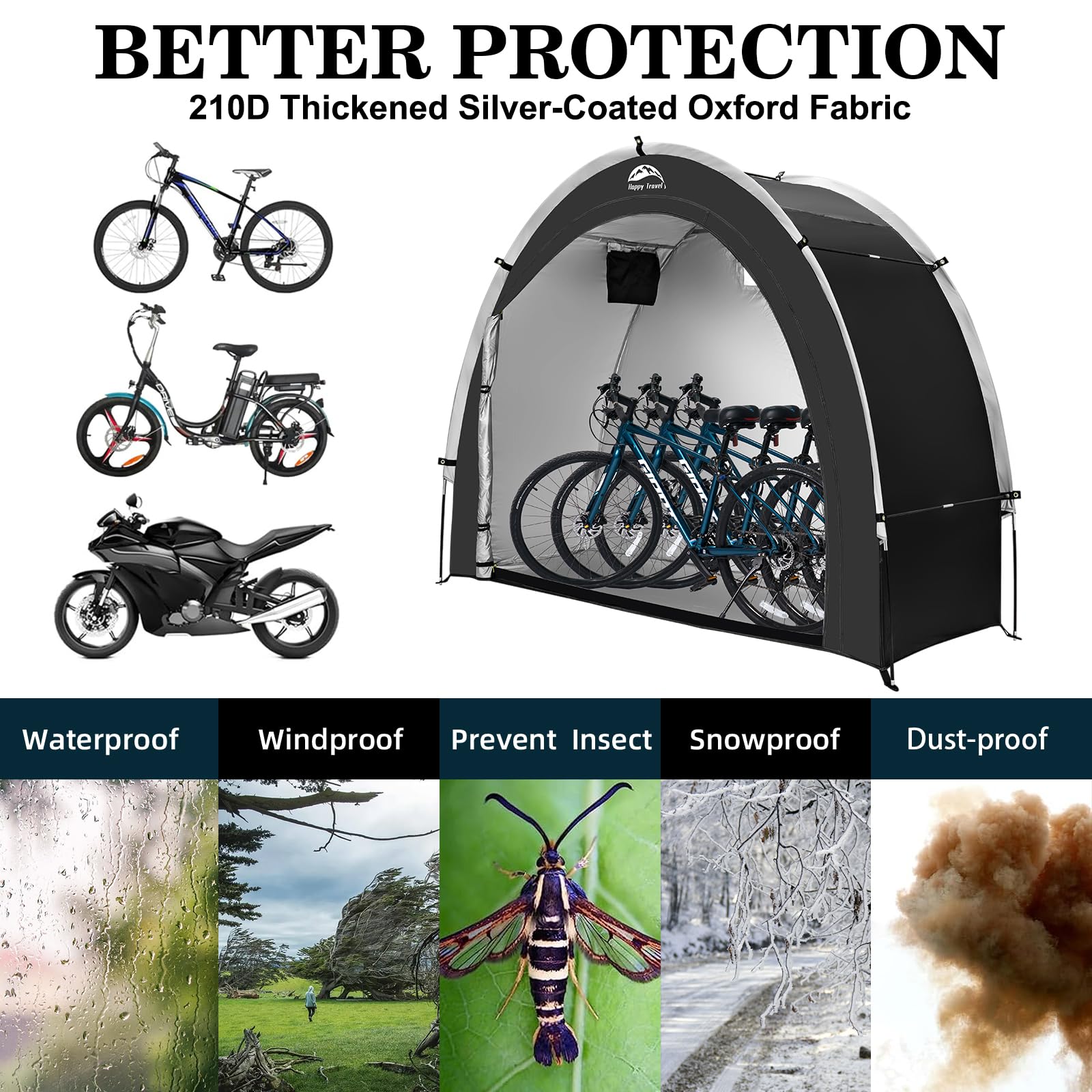 Happy Travel Bike Storage Shed Tent,Outdoor Portable Bicycle Storage Sheds with 210D Oxford Fabric PU4000 Waterproof for 2/3/4/6/8 Bikes,Bike Covers Shelter for Motorcycle,Garden Tools,Toys,Lawn Mower