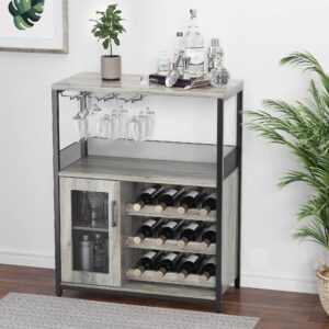 GAOMON Wine Bar Rack Cabinet with Detachable Wine Rack, Bar Cabinet with Glass Holder, Small Sideboard and Buffet Cabinet with Mesh Door (Grey)