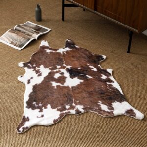 ashler faux cowhide rug, cow print area rug, light brown cute cow animal mat, non-slip backing, machine washable, cowhide rugs for room decor, living room and bedroom, 2.9 x 3.6ft