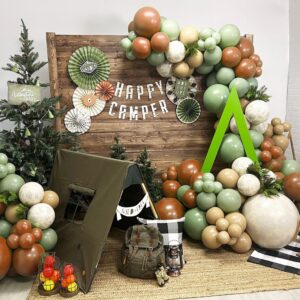 Enanal One Happy Camper Balloon Garland Arch Kit, 146pcs Sage Green Brown Camouflage Balloons with Campfire Balloon for Camping Woodland Party Supplies First Birthday Jungle Baby Shower Decorations