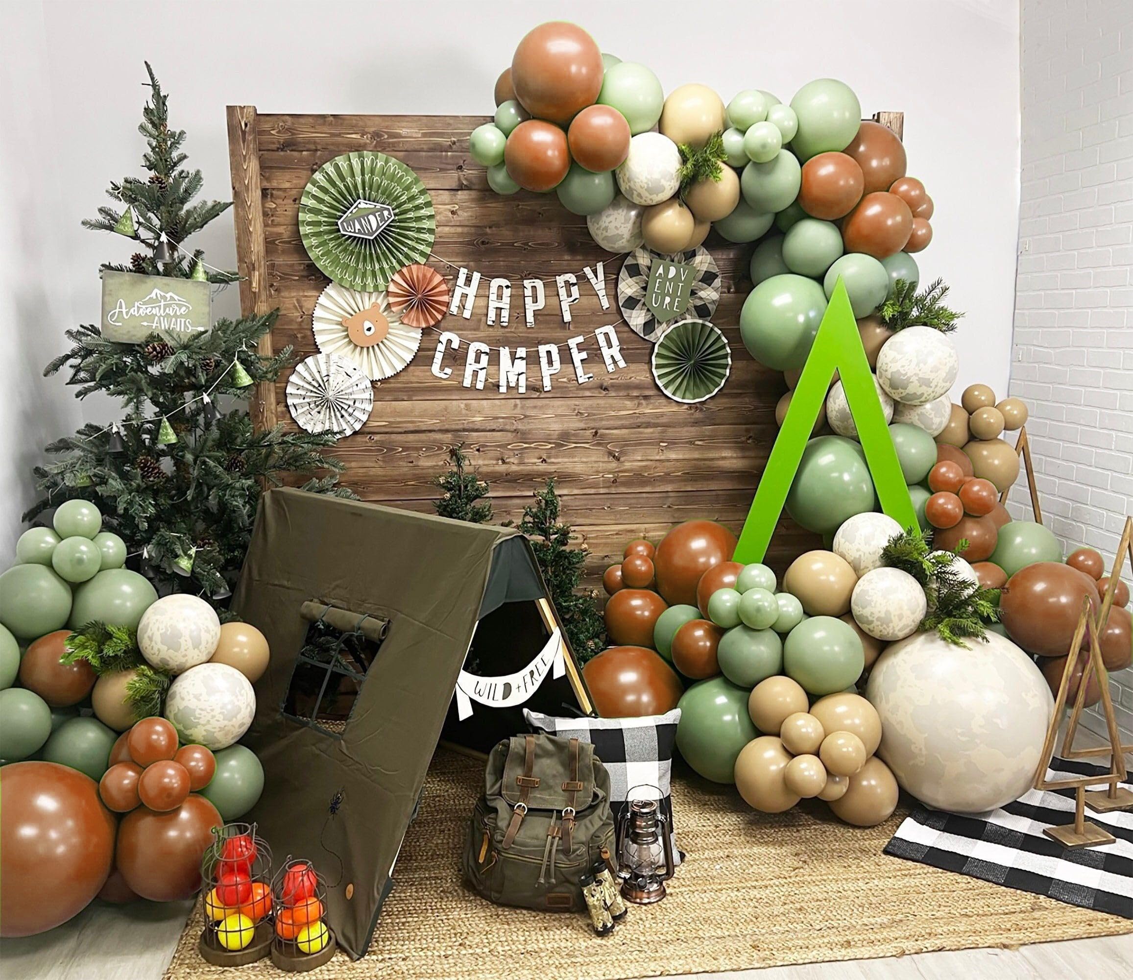 Enanal One Happy Camper Balloon Garland Arch Kit, 146pcs Sage Green Brown Camouflage Balloons with Campfire Balloon for Camping Woodland Party Supplies First Birthday Jungle Baby Shower Decorations