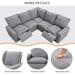 L-Shaped Sectional Sofa 5-Seat Convertible Sofa with Power Recliner Chair and USB Port Linen Fabric Upholstered Couch Modern Large Cloud Couch for Living Room (Grey)