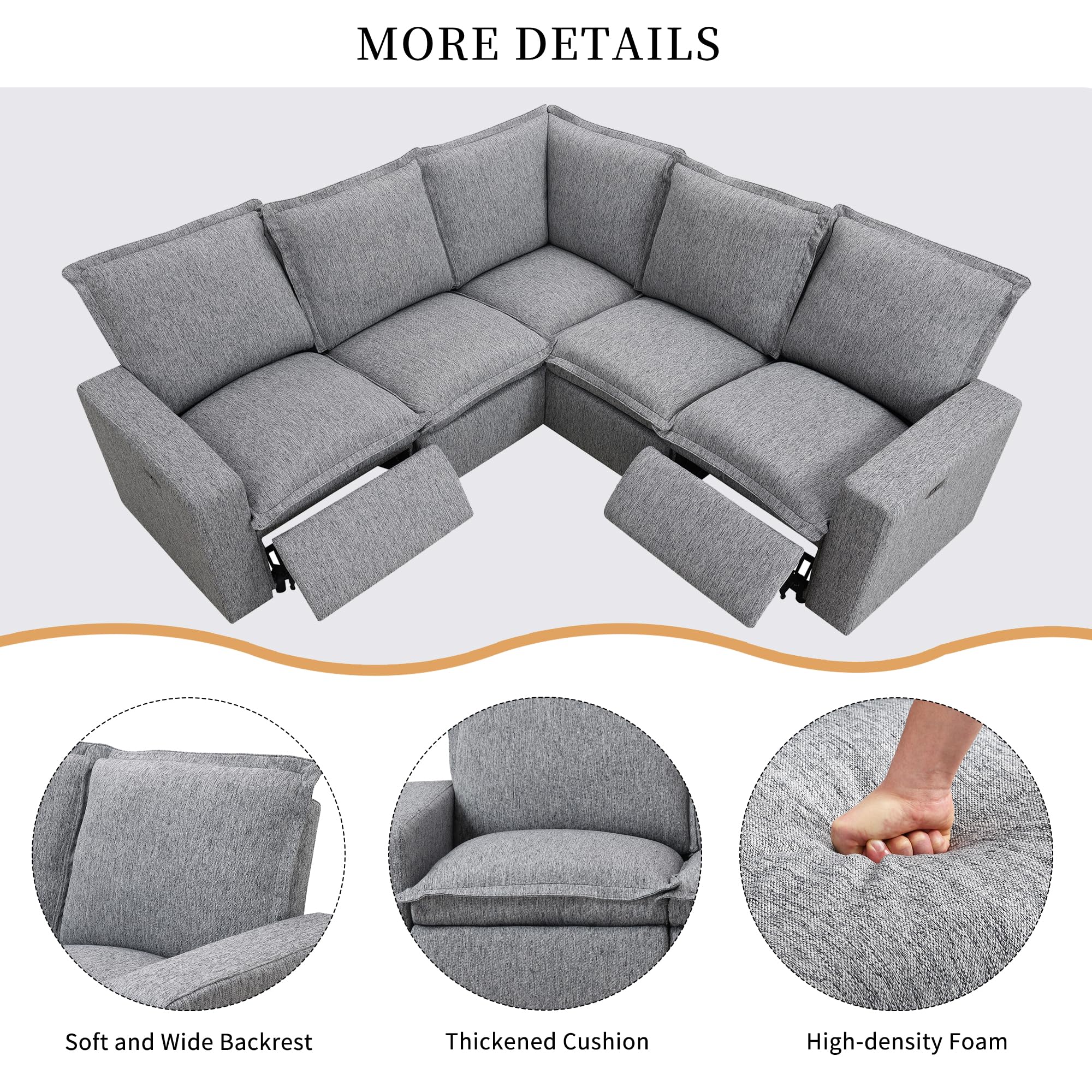 L-Shaped Sectional Sofa 5-Seat Convertible Sofa with Power Recliner Chair and USB Port Linen Fabric Upholstered Couch Modern Large Cloud Couch for Living Room (Grey)