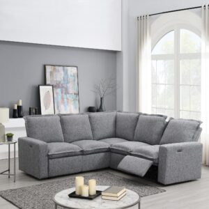 l-shaped sectional sofa 5-seat convertible sofa with power recliner chair and usb port linen fabric upholstered couch modern large cloud couch for living room (grey)