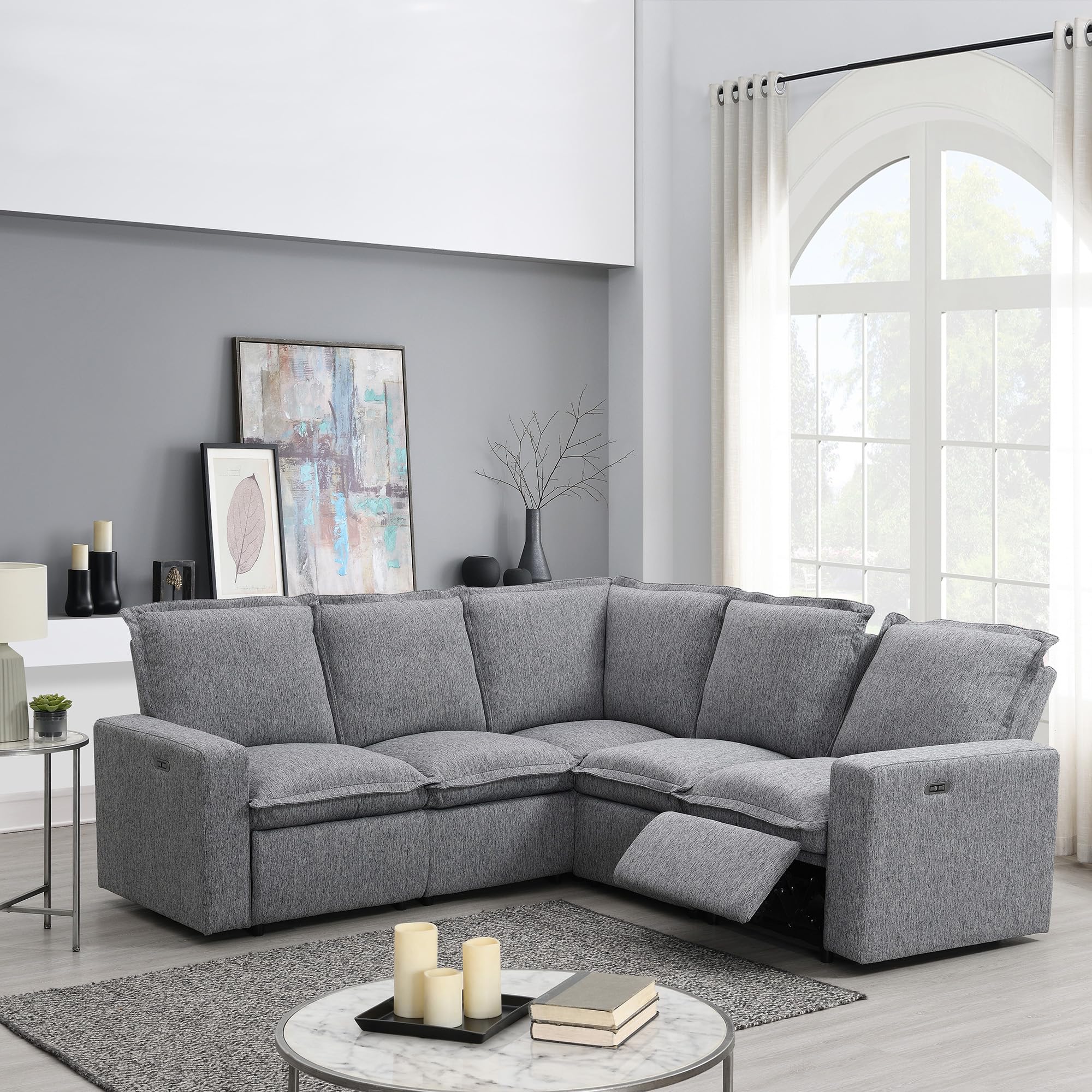 L-Shaped Sectional Sofa 5-Seat Convertible Sofa with Power Recliner Chair and USB Port Linen Fabric Upholstered Couch Modern Large Cloud Couch for Living Room (Grey)