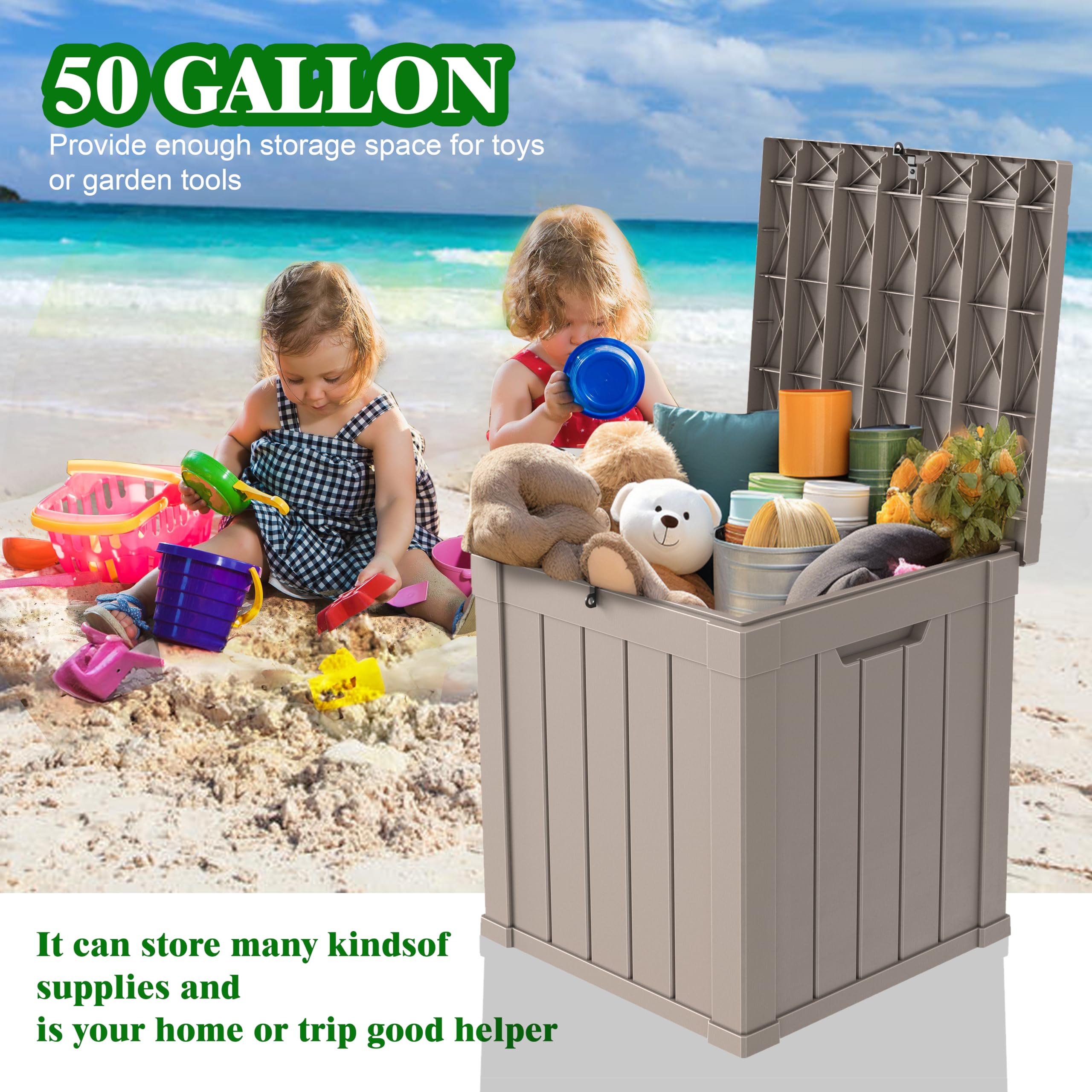 KFY 50 gallon deck box,All-weather resin material outdoorstorage box easy to install and portable,Suitable for indoor and outdoor scenes (light brown)