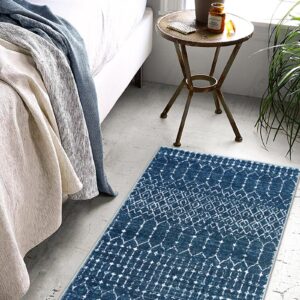 Lahome Moroccan Indoor Rugs for Entryway - 2x3 Area Rug Non-Slip Backing Washable Inside Door Mats Low-Profile Throw Soft Rugs for Bathroom, Geometric Print Distressed Blue Rug for Kitchen Bedside