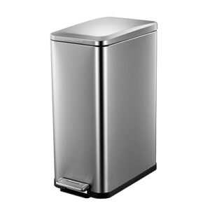 fashionwu slim trash can, smudge resistant rectangular garbage can with soft-close foot pedal, brushed stainless steel, 50 liter/13 gallon