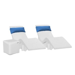 Aqua Outdoors in-Pool DEEP Ledge Chaise Set - Two Chaises - Two Headrest Pillows - Two Chaise Risers and One Large in Pool Side Table - for ledges 9"-14" inches Deep (Classic White-Blue)