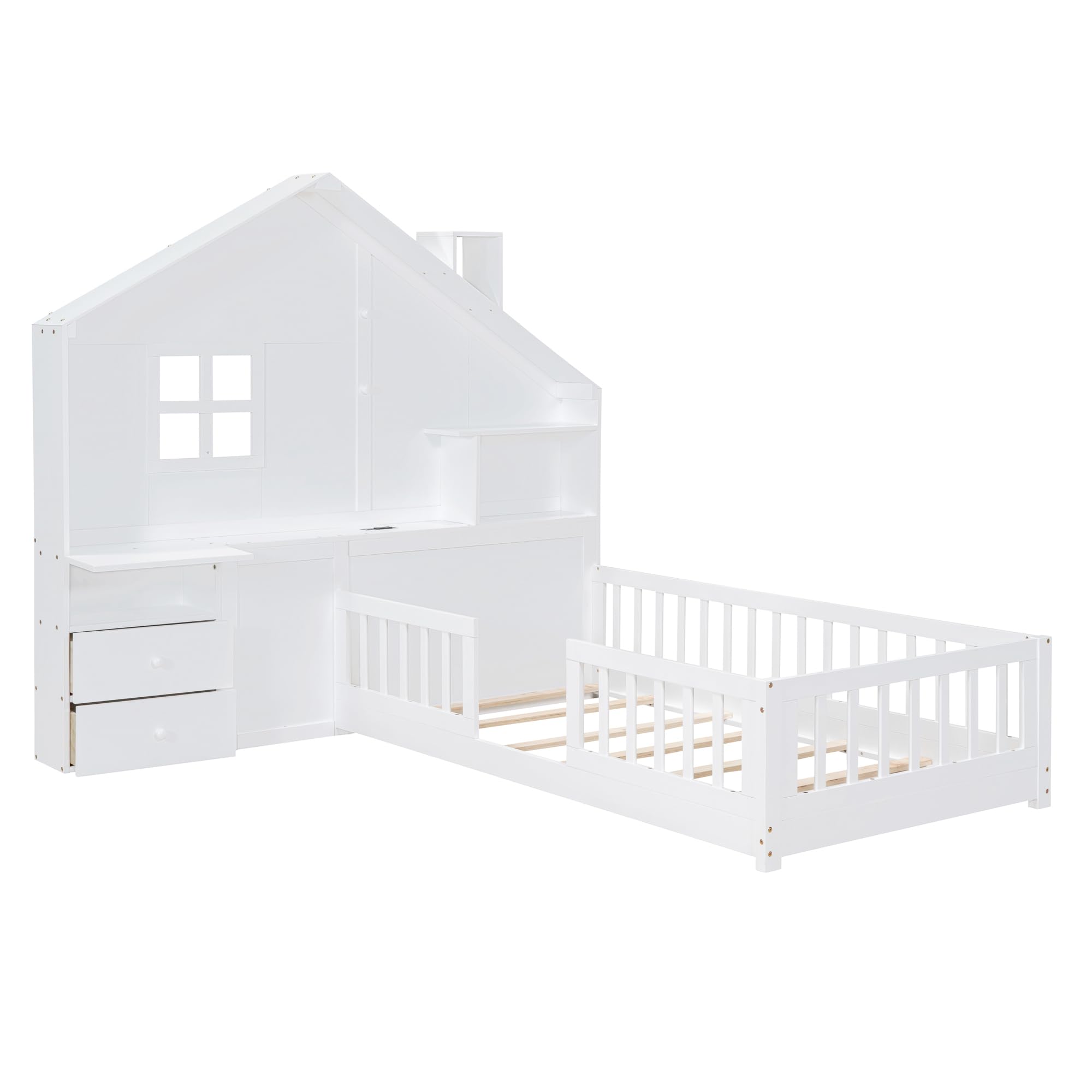 Full Size House Bed Frame for Boys Girls Kids Toddler with Window and Bedside Drawers, Platform Bed with Shelves and a Set of Sockets and USB Port, White