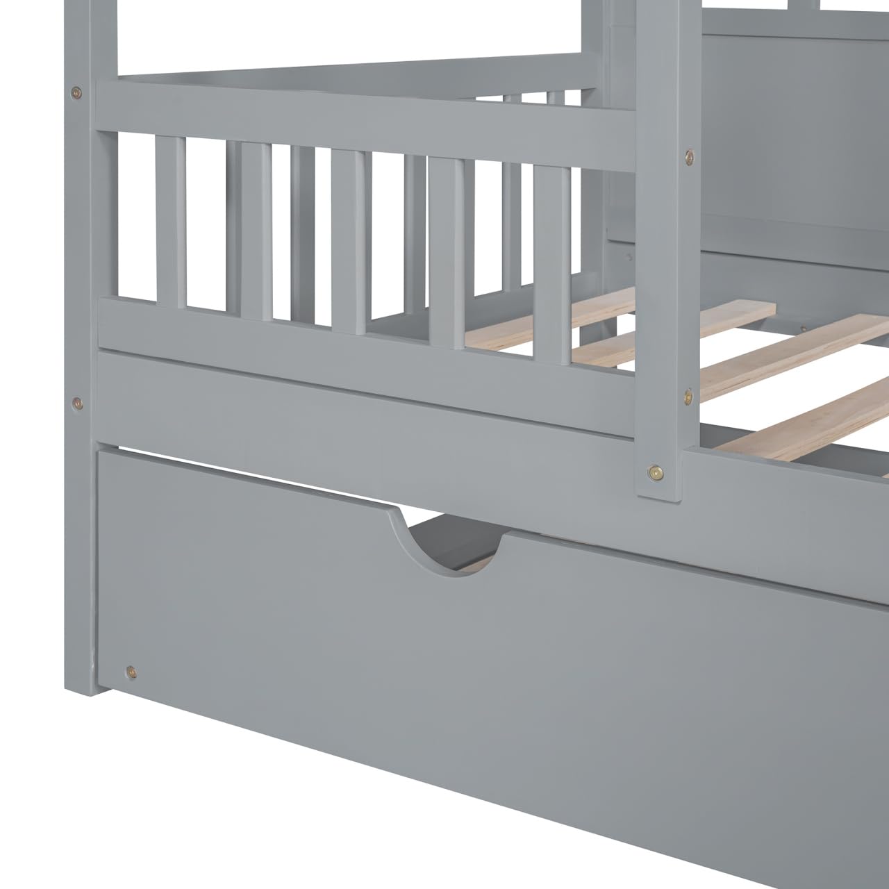 voqoomkl Twin House Bed with Pull Out Trundle, Platform Bed Frame with Roof Design and Guard Rail,Wood Playhouse Bed Twin with Support Legs for Teens Girls,Boys,No Box Spring Needed,Gray