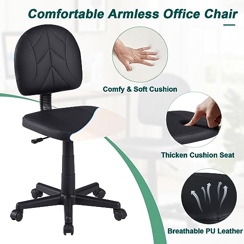 VECELO Small Office Chair, Computer Desk Chair Low-Backrest PU Leather NO Armrests Ergonomic,with 360°Quiet Swivels Adjustable Height for Home Office Study Room,Black