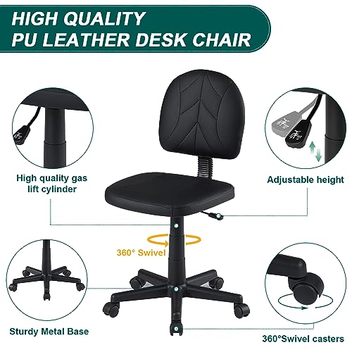 VECELO Small Office Chair, Computer Desk Chair Low-Backrest PU Leather NO Armrests Ergonomic,with 360°Quiet Swivels Adjustable Height for Home Office Study Room,Black