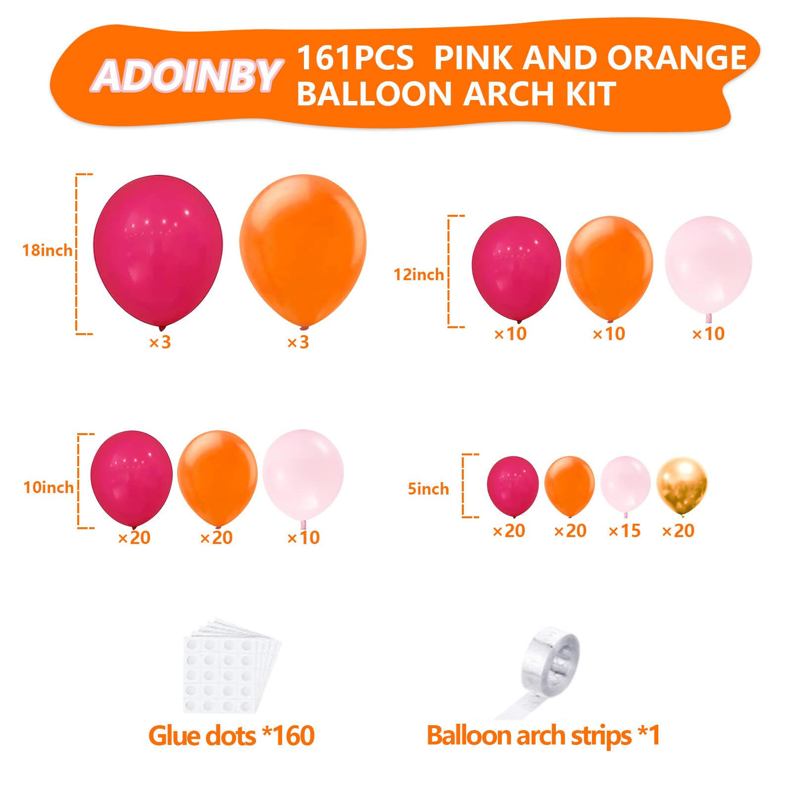 Pink and Orange Balloon Arch Kit, ADOINBY 161Pcs Hot Pink Orange Metallic Gold Latex Balloon Garland kit, 18 12 10 5 Inch Different Size Balloons for Birthday Baby Shower Wedding Party Decorations