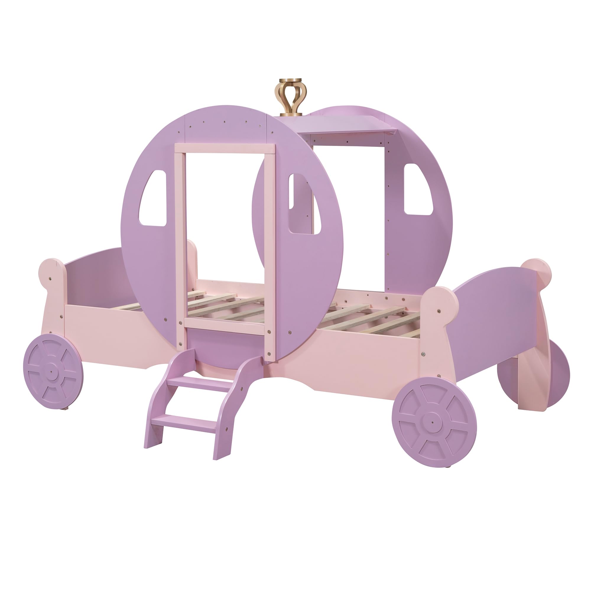 Twin Size Princess Carriage Bed Frame for Boys Girls Kids Toddler with Crown, Wood Platform Car Bed with Stair, Purple+Pink