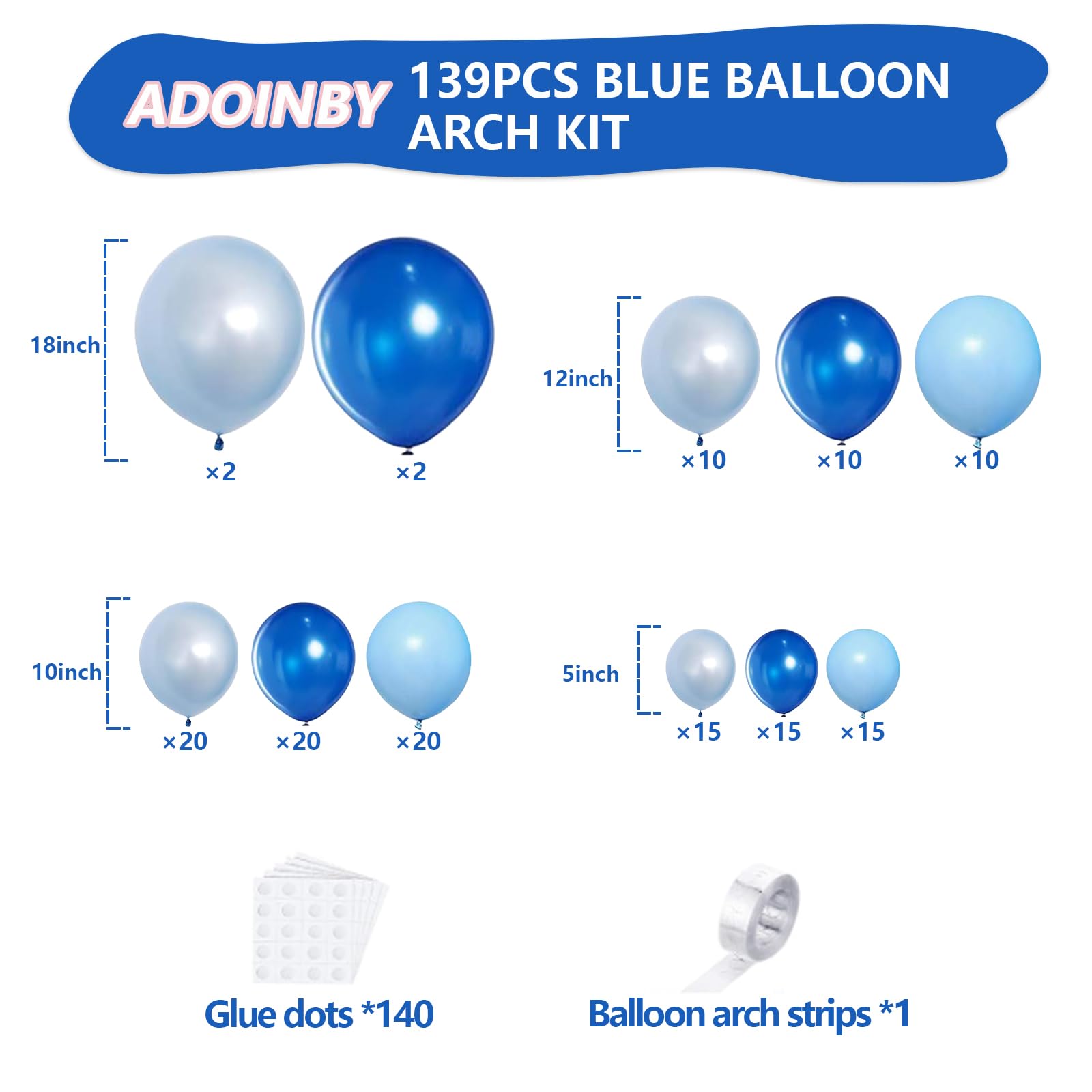 Blue Balloons Arch Kit, ADOINBY 139Pcs Macaron Blue Royal Blue Balloon Garland kit, 18 12 10 5 Inch Different Size Balloons for Baby Shower Graduation Boys Birthday Ocean Themed Party Decorations