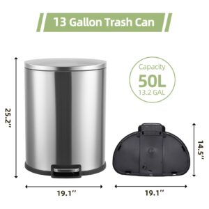 Stainless Steel 50 Liter / 13 Gallon Trash Can, Semi-Circular Steel Pedal Recycle Bin with Lid and Inner Buckets, Hands-Free Kitchen Garbage Can