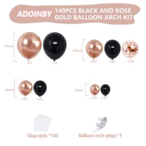 Rose Gold and Black Balloon Arch Kit, ADOINBY 140Pcs Metallic Rose Gold Black Balloon 18 12 10 5 Inch Different Size Balloons for Birthday Party Bridal Shower Wedding Engagement Anniversary Decoration