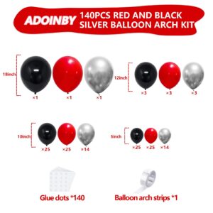 Red and Black Balloons Arch Kit, ADOINBY 140Pcs Matte Red Black Metallic Silver Garland kit, 18 12 10 5 Inch Different Size Balloons for Birthday Party Anniversary Wedding Graduation Prom Decorations