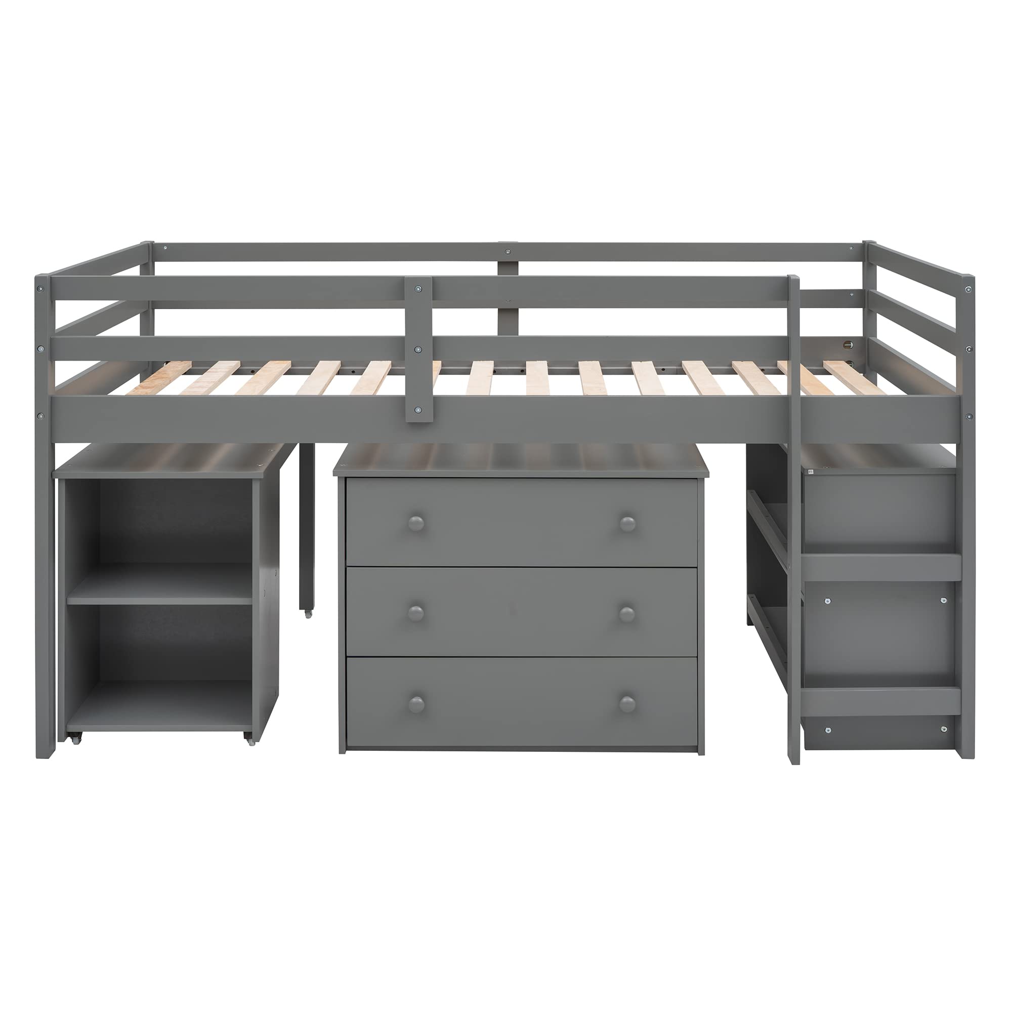 Harper & Bright Designs Twin Size Low Loft Bed with Desk and Storage Cabinet, Wooden Low Study Loft Bed with Drawers, for Kids Teens Girls Boys - Gray